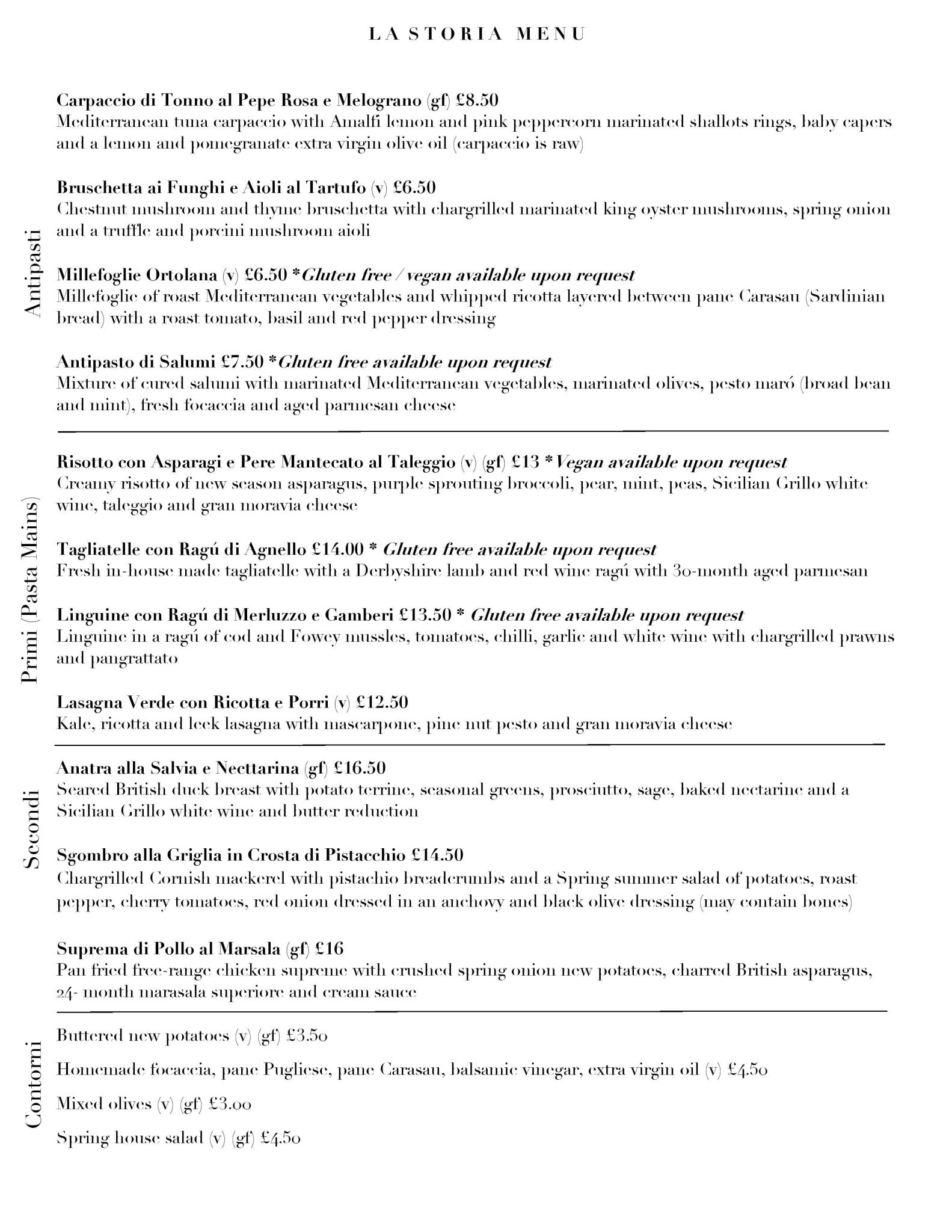 Food Menu – La Storia